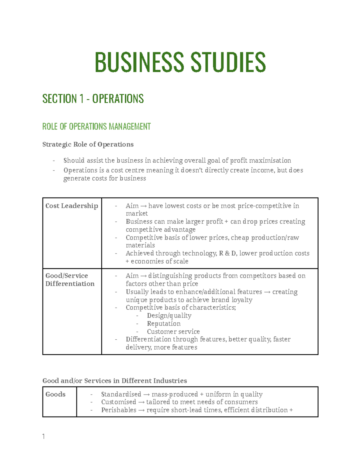Yr 12 BUS - Operations Management & Marketing Strategies Study Notes ...