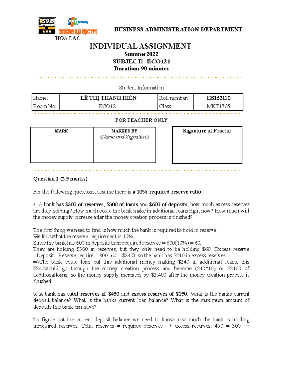 ECO121 Test-02 Individual-assignment-02 - HOA LAC BUSINESS ...