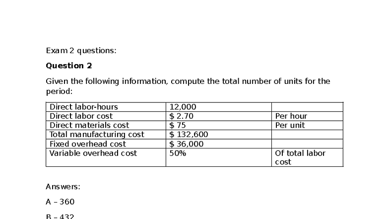 Exam 2 Questions - Cost Accounting (ACC 202) Problems - Studocu