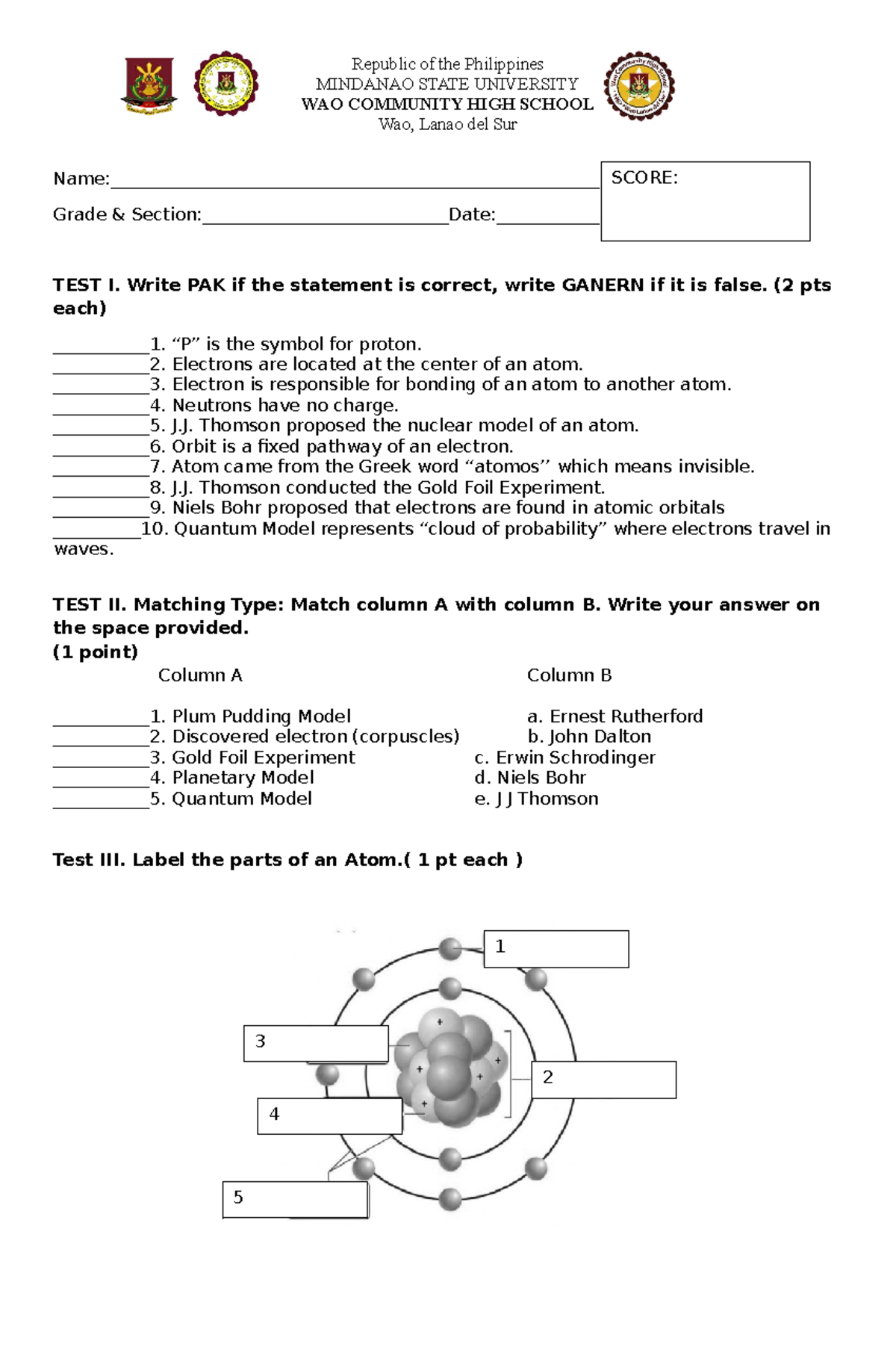 Grade 8 Q2 Lesson 1 Summative: Atomic Structure Test - Studocu