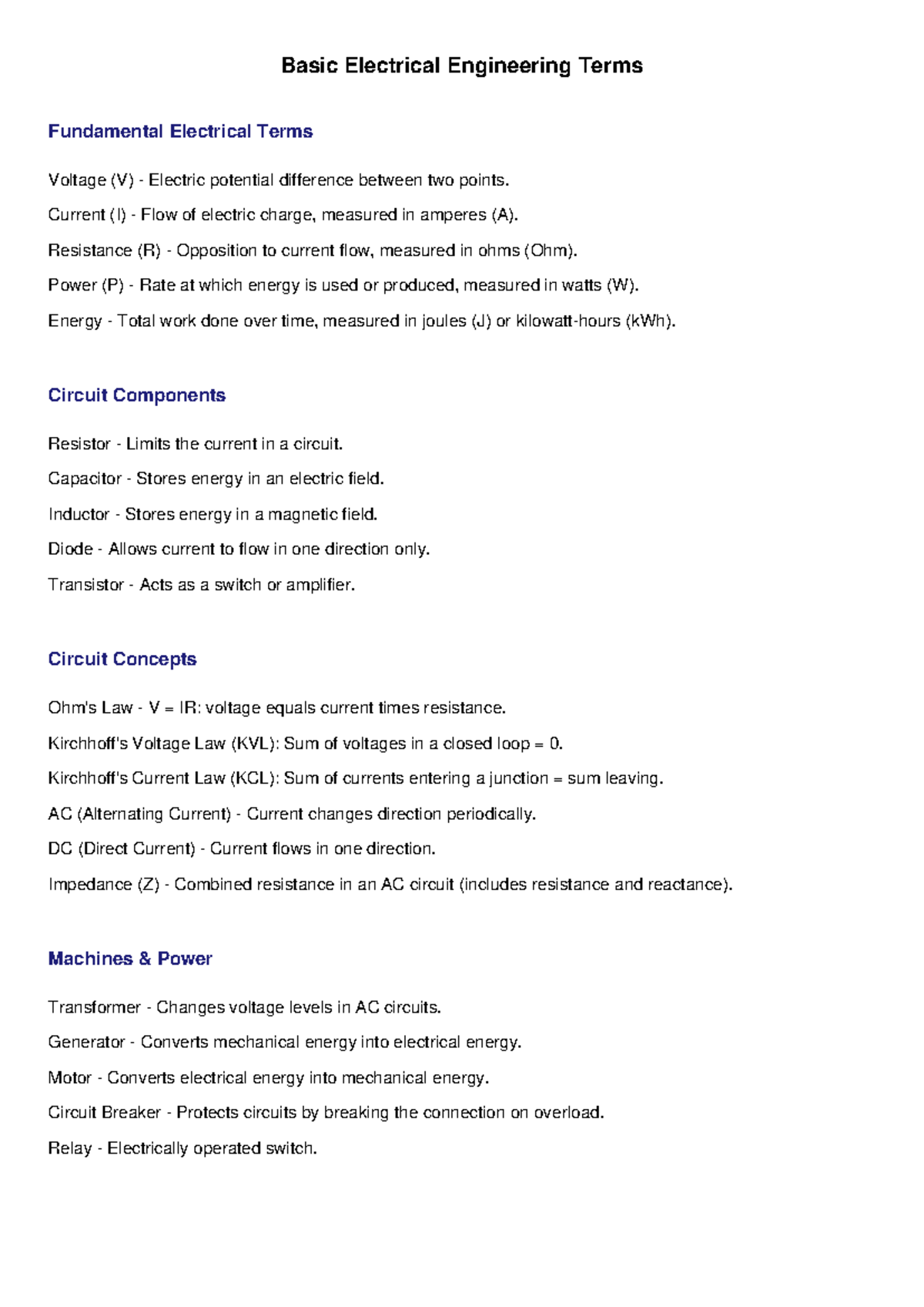 Basic Electrical Engineering Terms: Key Concepts & Definitions - Studocu