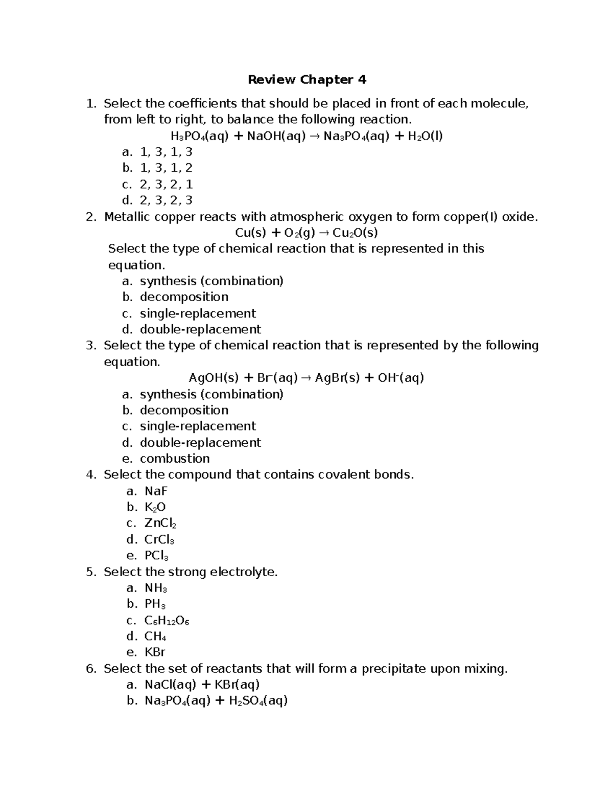 Chemistry Quiz: Balancing Reactions and Redox Questions - Review ...