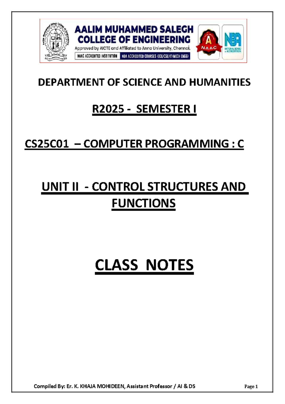 CS25C01 - Computer Programming: Control Structures & Functions Notes ...