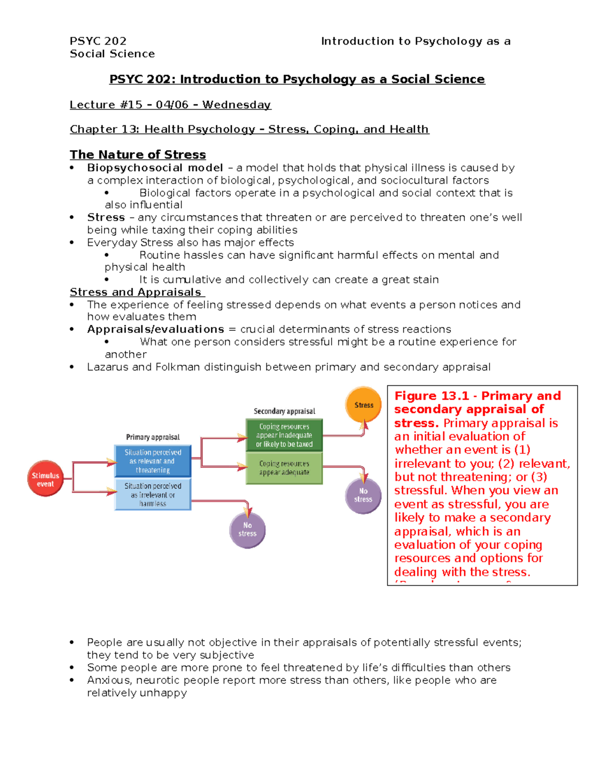PSYC 202: Chapter 13 - Health Psychology – Exploring Stress & Coping ...