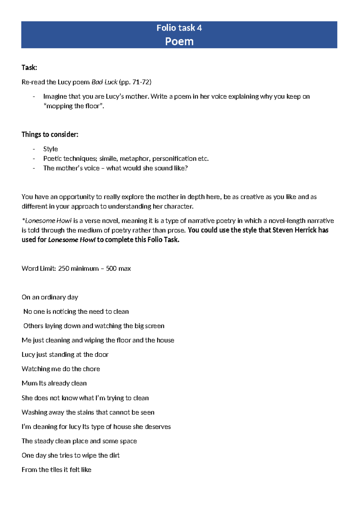 Assessment Task - Folio Task 4: Poem on Motherhood and Chores - Studocu