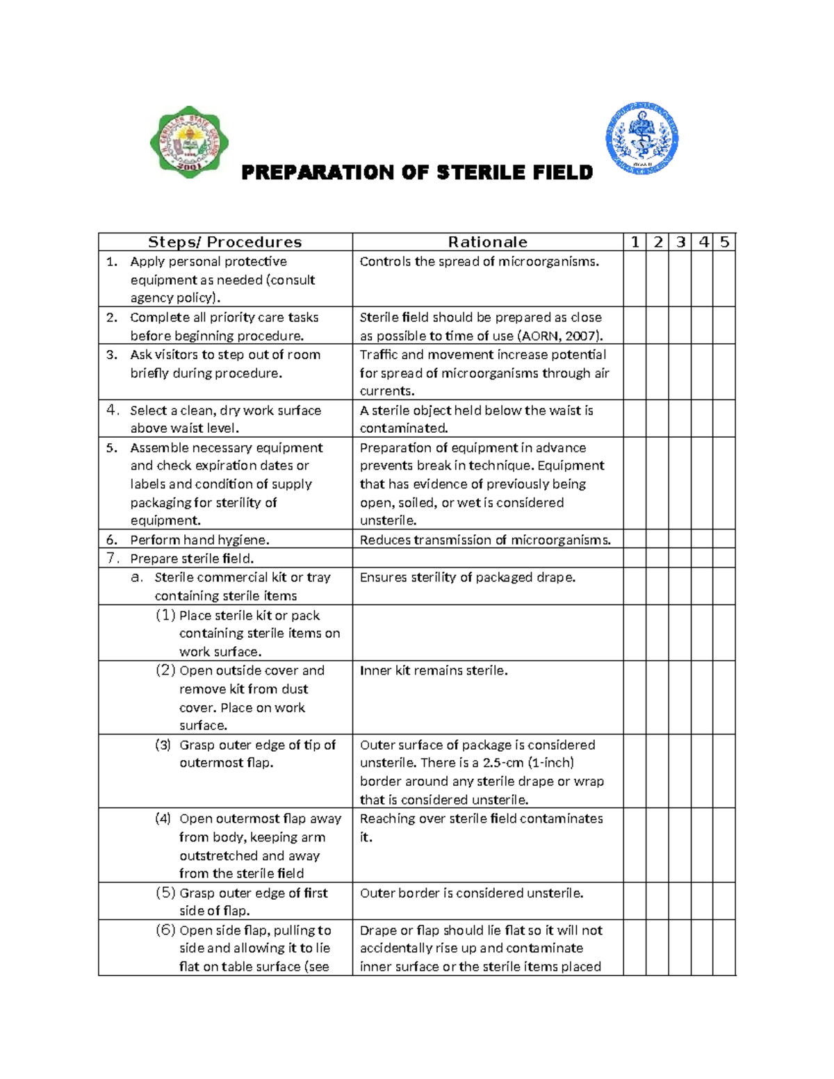 Preparation of Sterile Field Procedures for Inbound 8002013 - Studocu