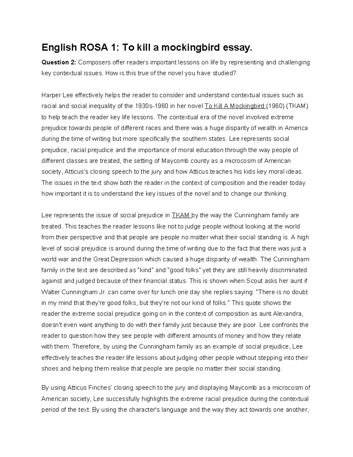 English ROSA 1: TKAM Essay on Life Lessons and Contextual Issues - Studocu