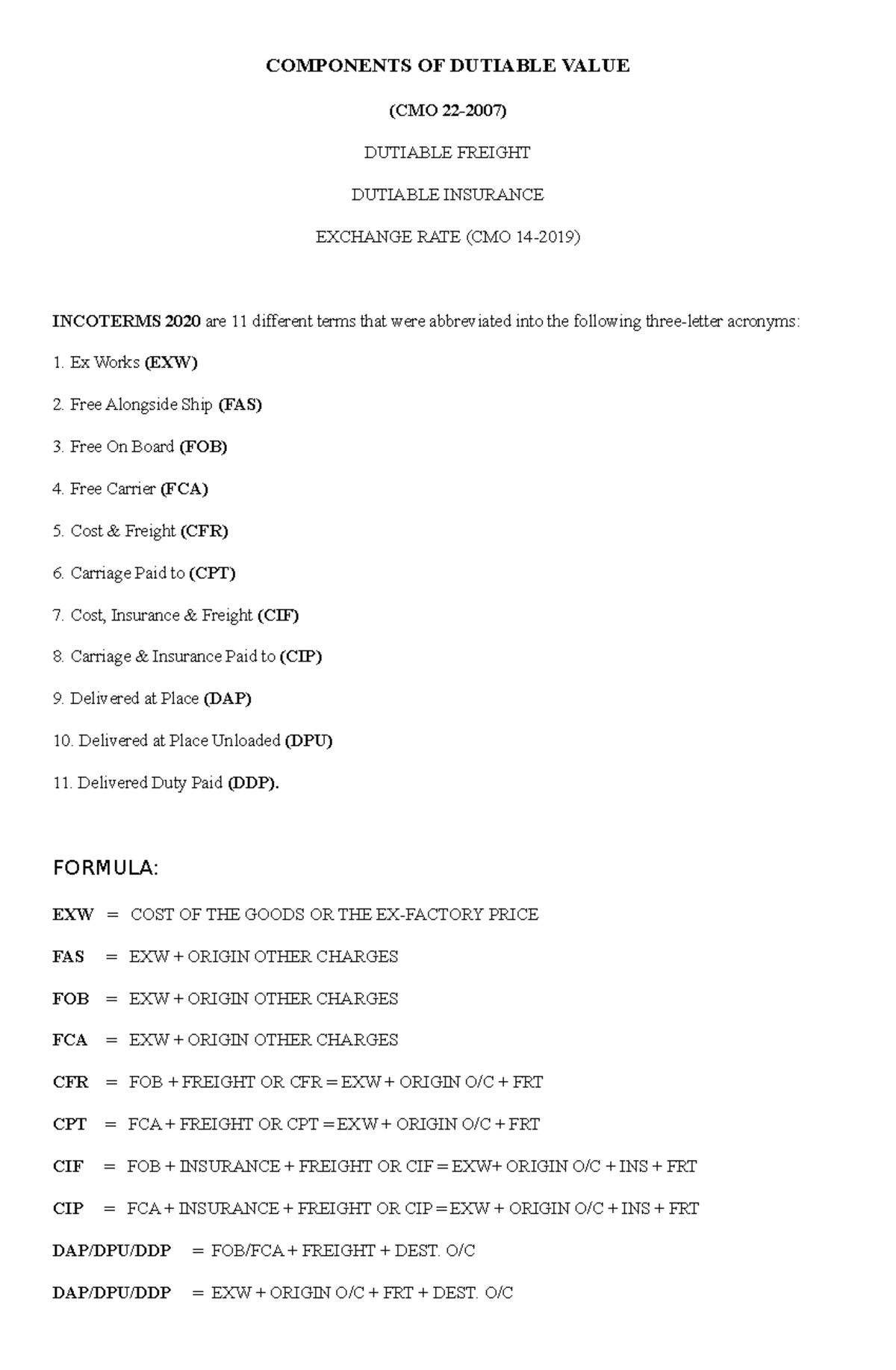 Inco Terms 2020 Summary Notes (CMO) - Studocu