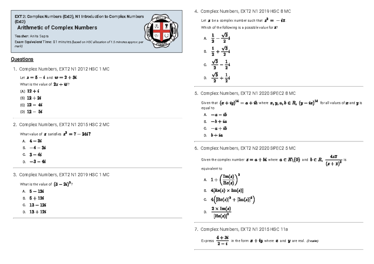 SM EXT2 N1 Complex Numbers: HSC Questions & MC Practice - Studocu