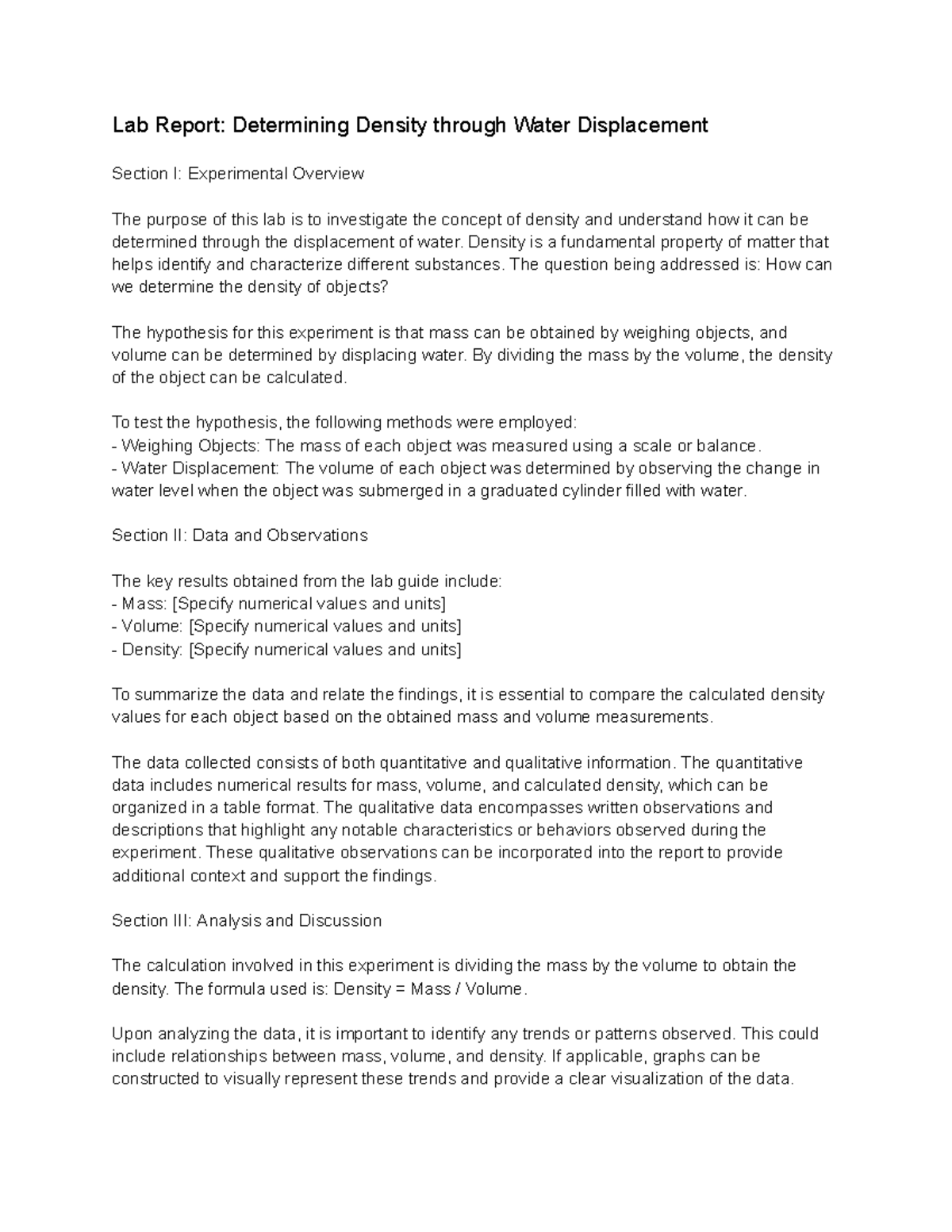Lab Report: Density Determination via Water Displacement Method - Studocu