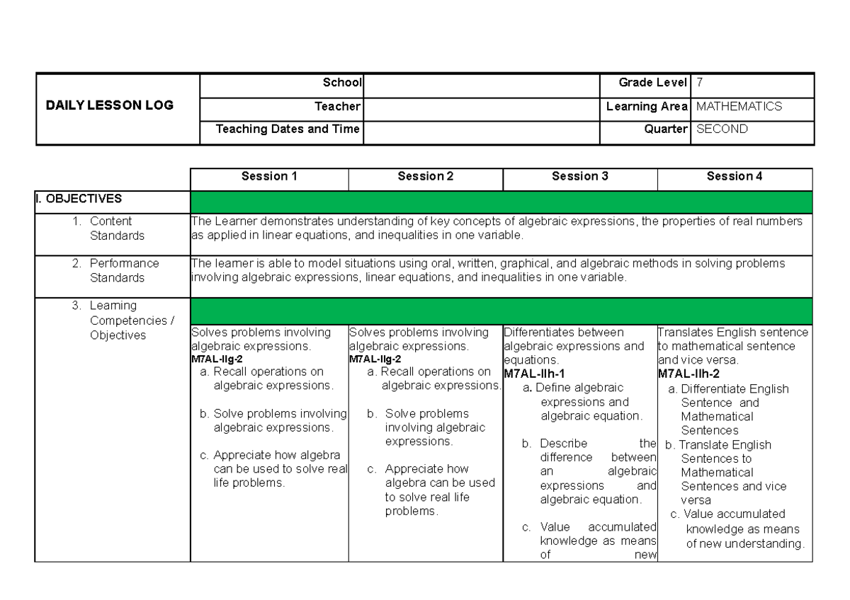 WEEK 7 - Grade 7 Math Daily Lesson Log for Quarter 2 - Studocu
