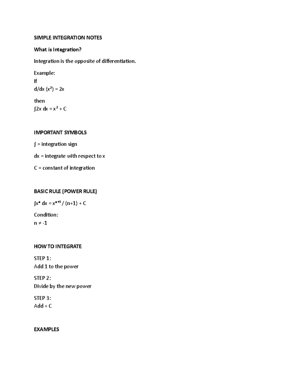 MATH 101: Simple Integration Notes and Basic Rules - Studocu