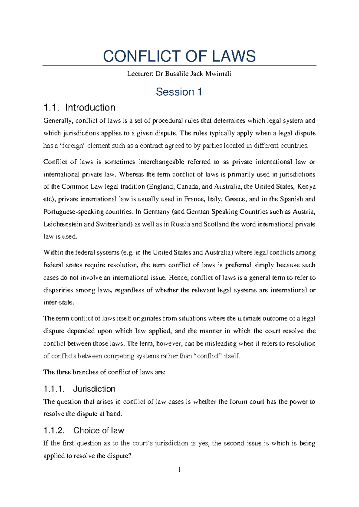 Conflict of Laws (LAW 301) Updated Lecture Notes & Key Concepts - Studocu