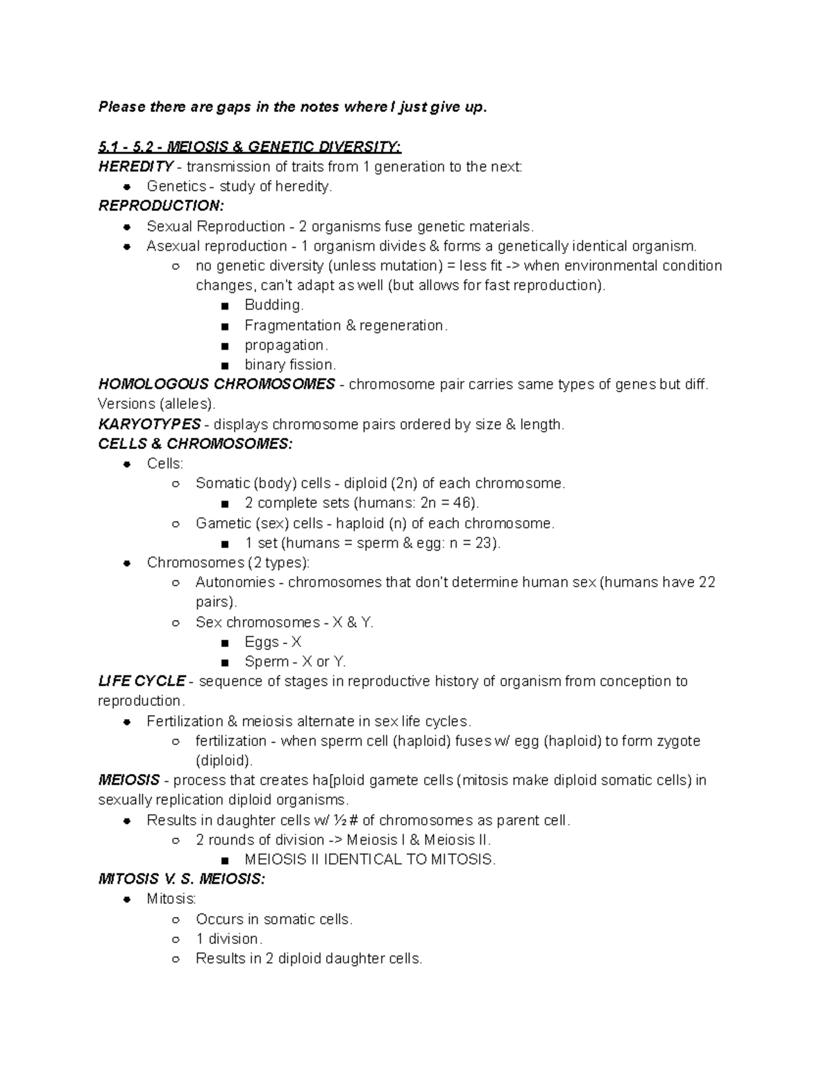 AP Bio - Unit 5: Meiosis, Genetic Diversity, and Heredity Notes - Studocu