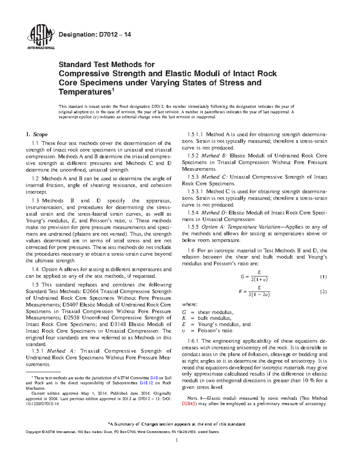 ASTM D7012-14: Compressive Strength & Elastic Moduli of Rocks - Studocu