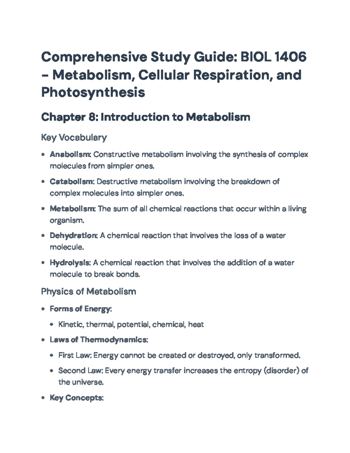 Comprehensive Study Guide for BIOL 1406: Metabolism & Photosynthesis ...