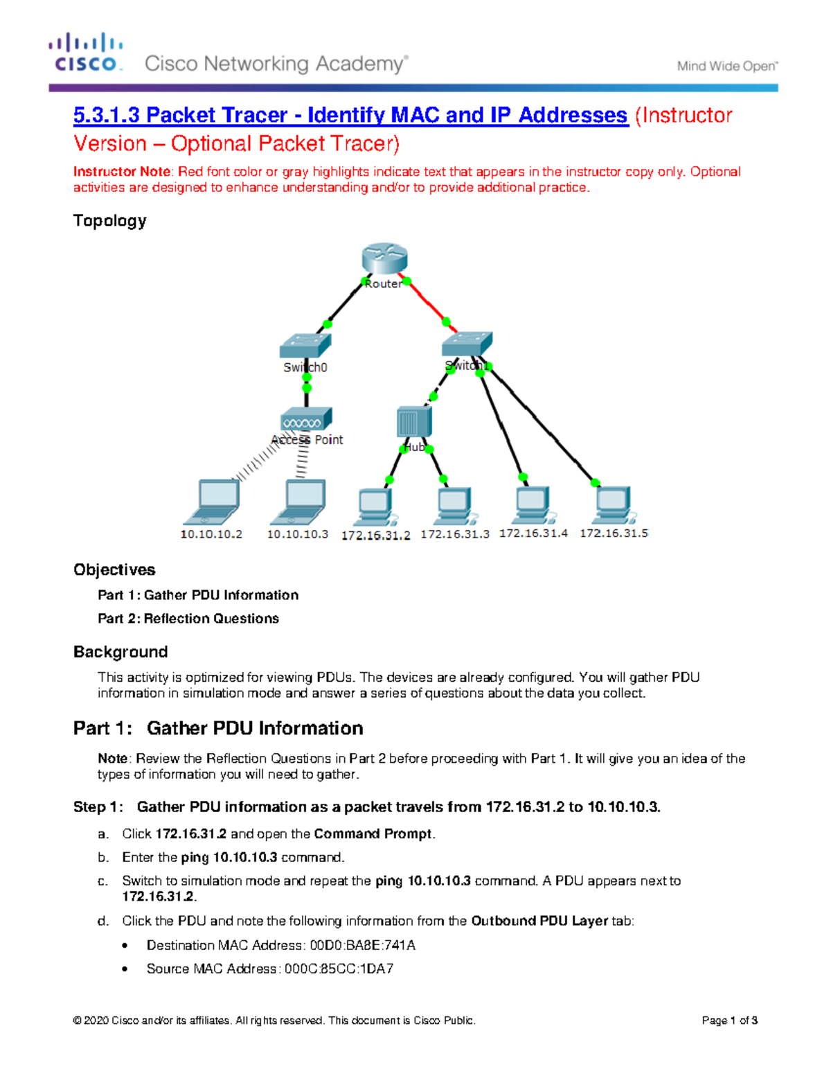 5.3.1.3 Packet Tracer - Identify MAC and IP Addresses - ITExam Answers - © 2020 Cisco and/or its ...
