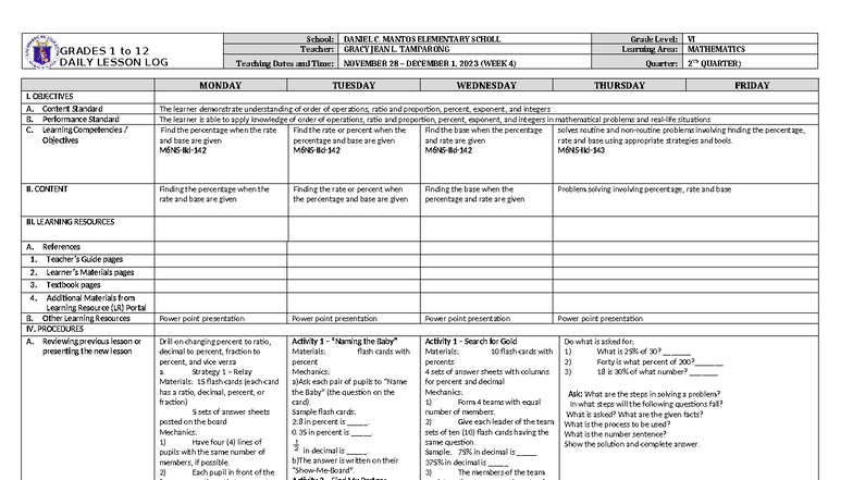 DLL Mathematics 6 Q2 W4: Daily Lesson Log and Activities - Studocu