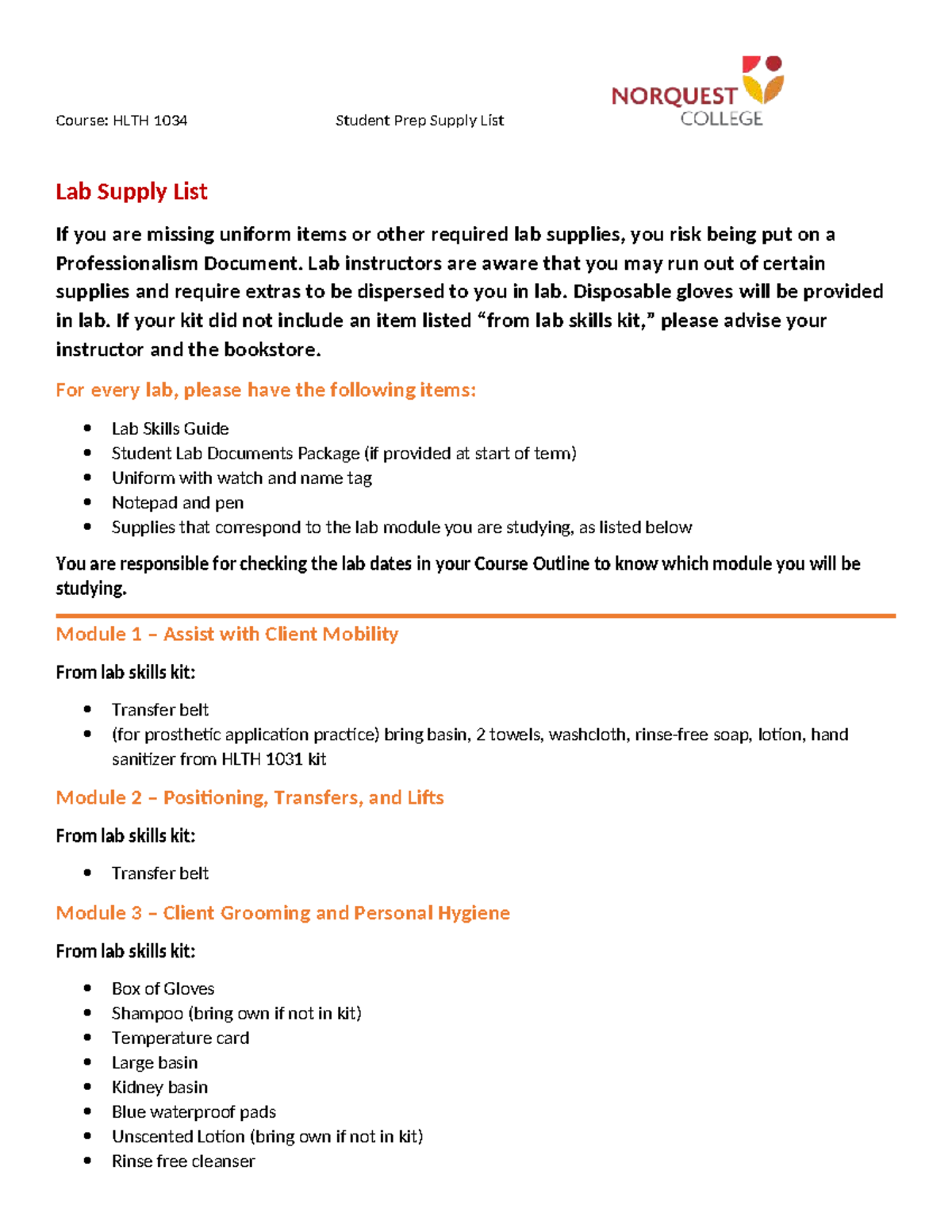 HLTH 1034 Lab Supply List: Essential Items for Student Prep - Studocu