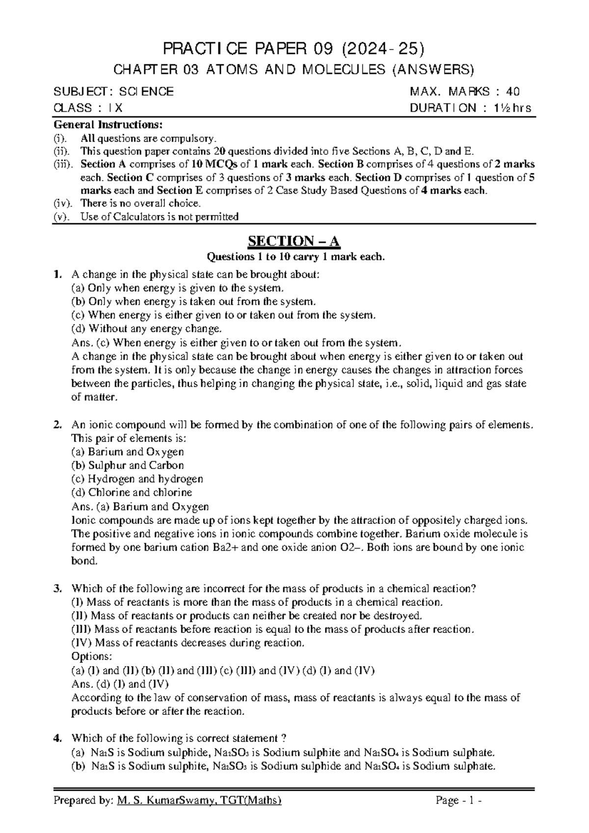 Science Class IX Chapter 03 Atoms and Molecules Practice Paper 09 ...