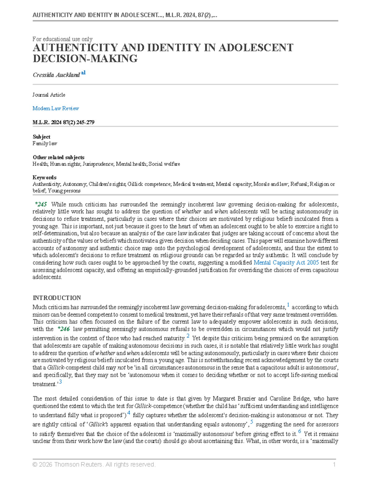 Authenticity and Identity in Adolescent Decision-Making: M.L.R. 2024 ...