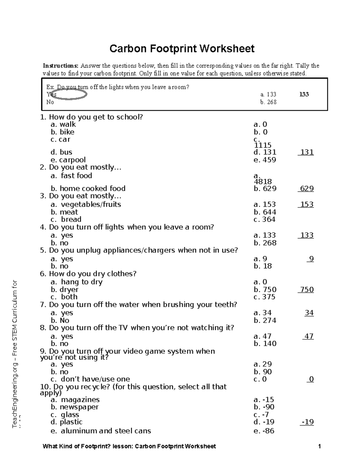 Carbon Footprint Worksheet Instructions and Tally Guide - Studocu