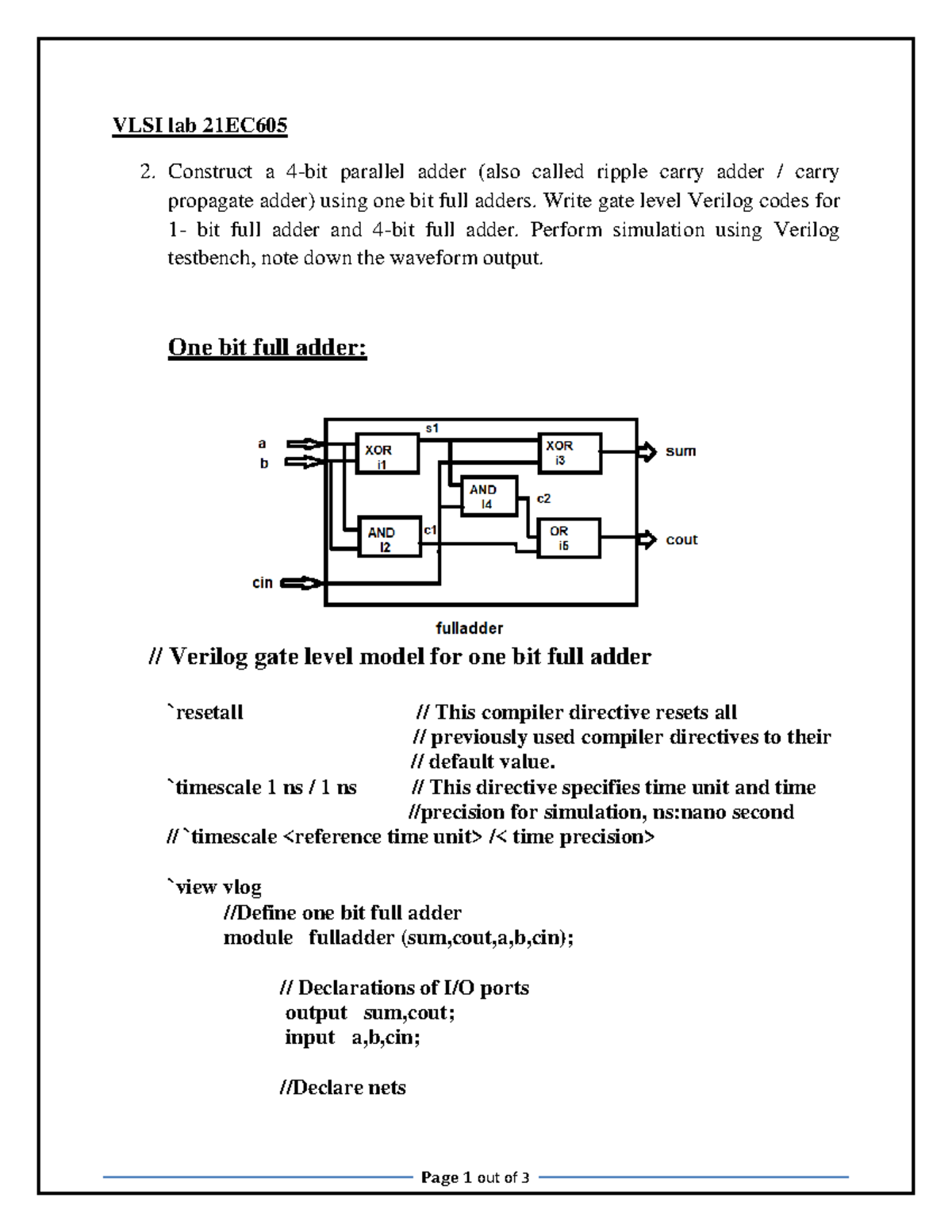 4-bit Parallel Adder Construction and Verilog Simulation - VLSI Lab ...