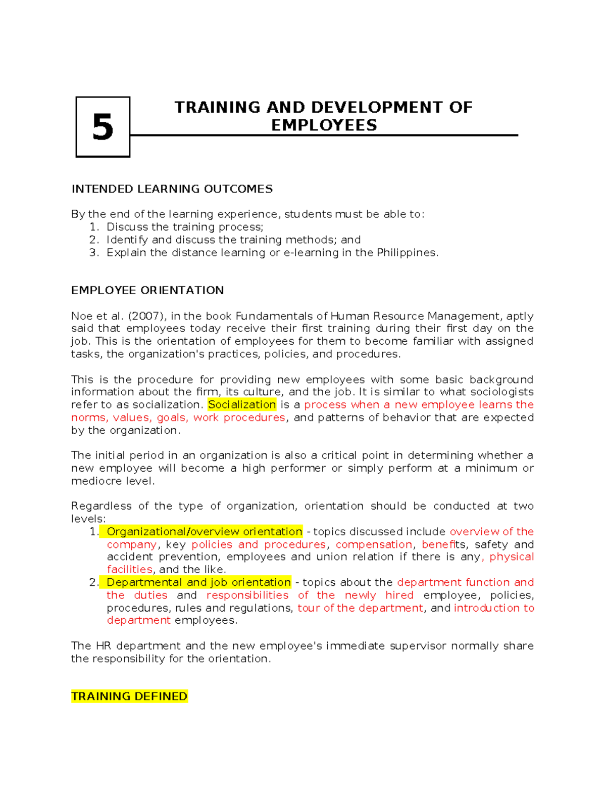 HRM5 Training and Development of Employees: Key Learning Outcomes - Studocu
