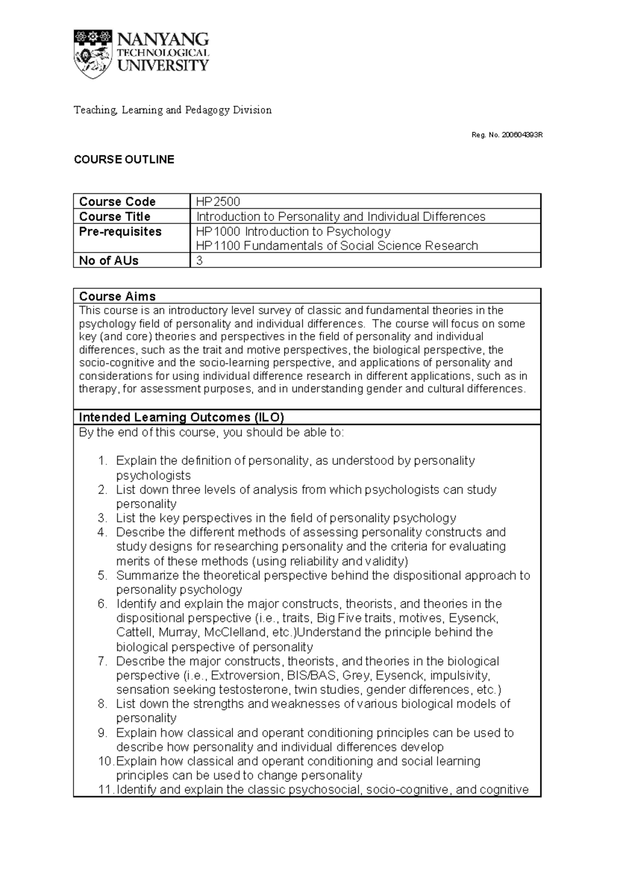Hp2500 introduction to personality and individual differences - Reg. No ...