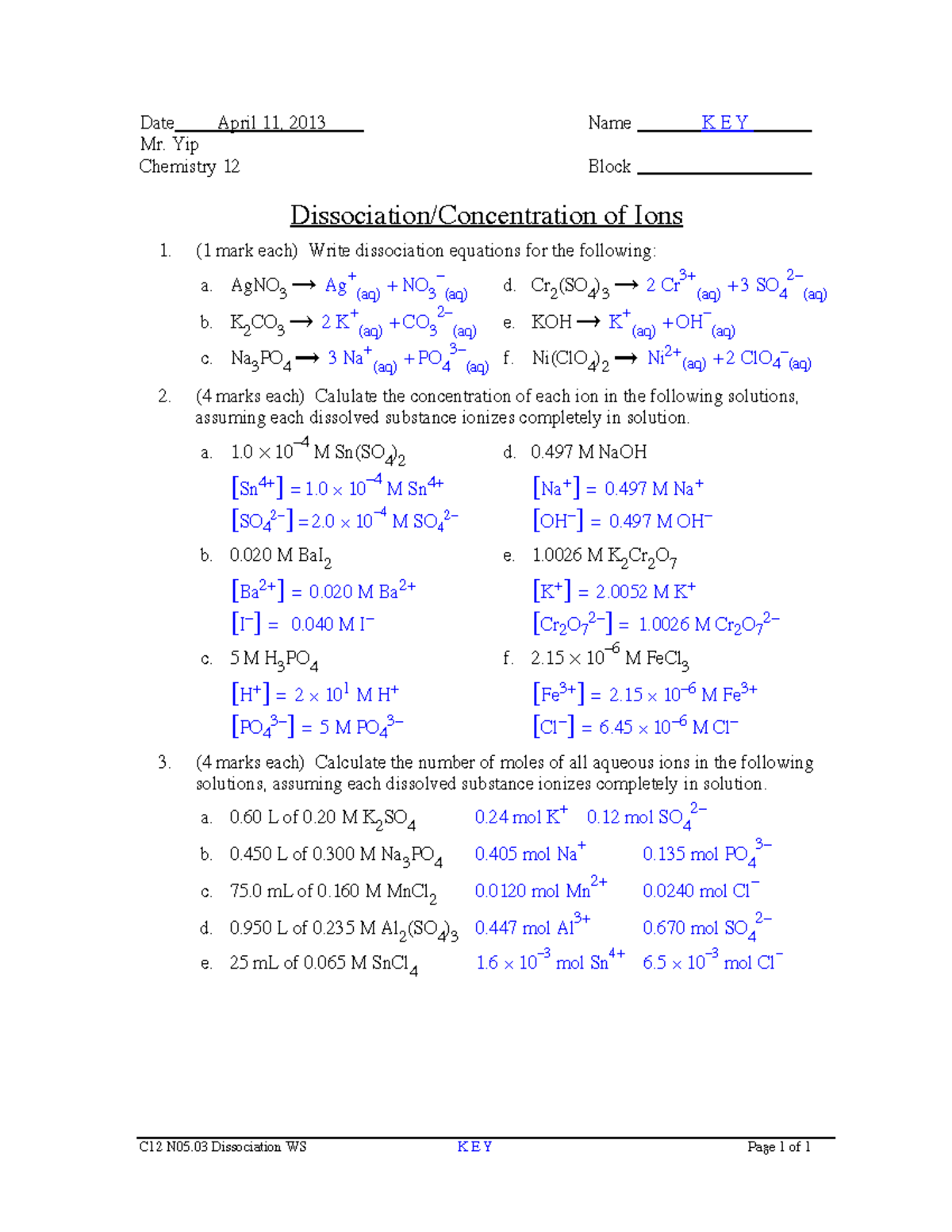 C12 Chemistry 12 Final Exam Solutions: Dissociation & Ion Concentration ...