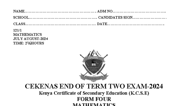 ADM CANDIDATES K.C.S.E FORM FOUR MATHEMATICS PAPER 1 REVISION - Studocu