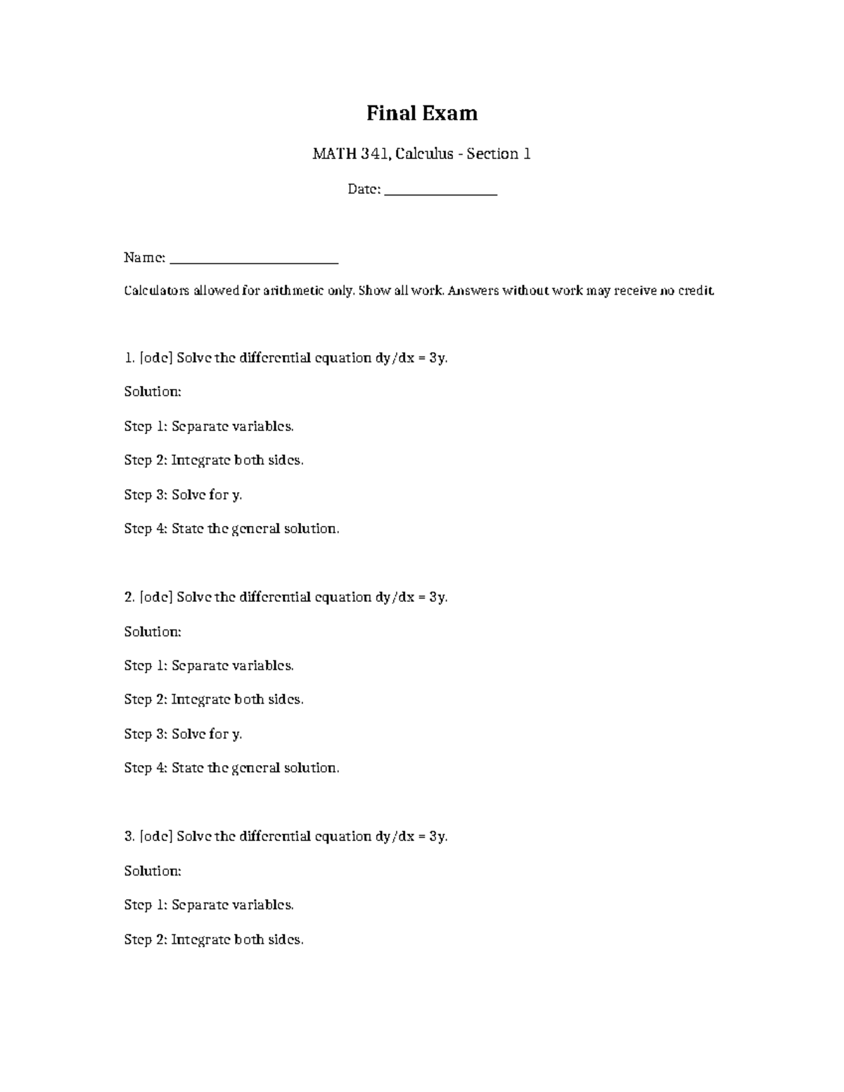 Final Exam Solutions for MATH 341: Differential Equations - Studocu