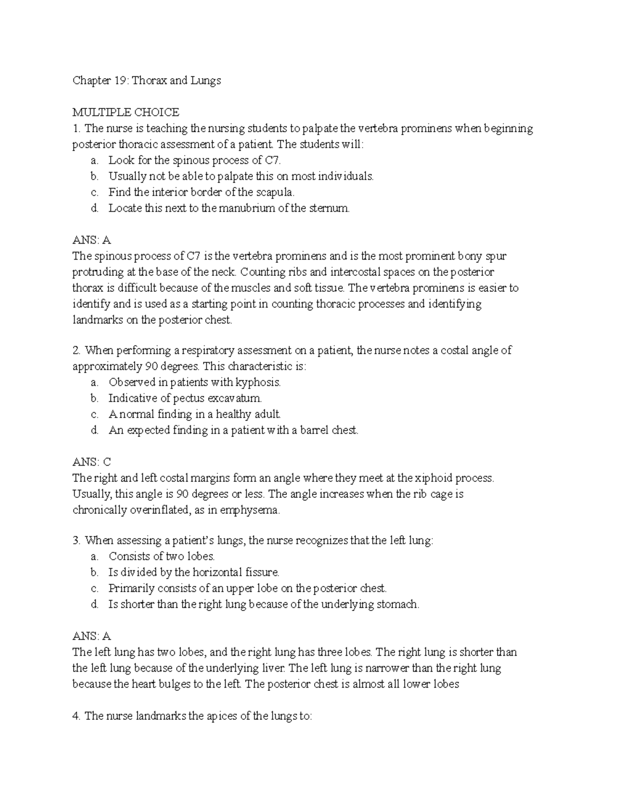 Thorax and Lungs Assessment Practice Questions - Nursing 101 - Studocu
