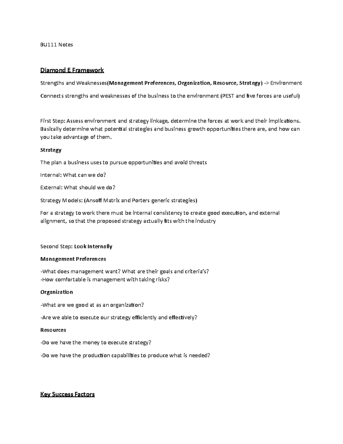 BU111 Full Course Notes - BU111 Notes Diamond E Framework Strengths and ...