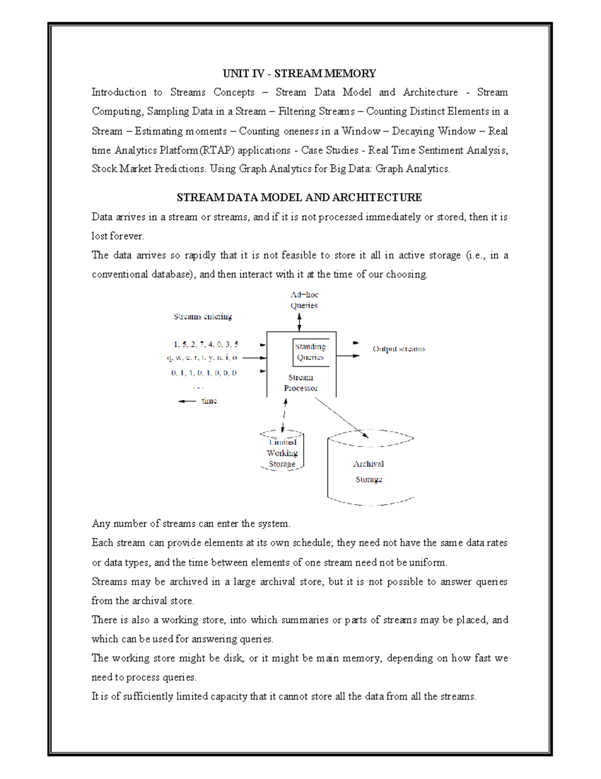 Big Data Analytics - Module 4 - UNIT IV - STREAM MEMORY Introduction to Streams Concepts ñ ...
