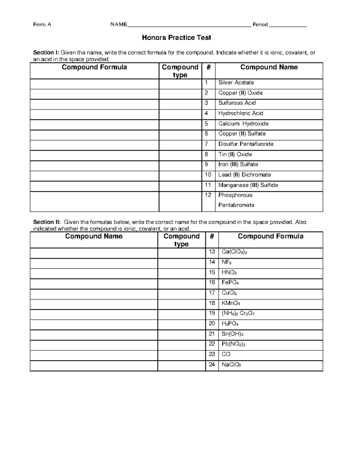 Honors Practice Test Nomenclature: Ionic & Covalent Compounds - Studocu