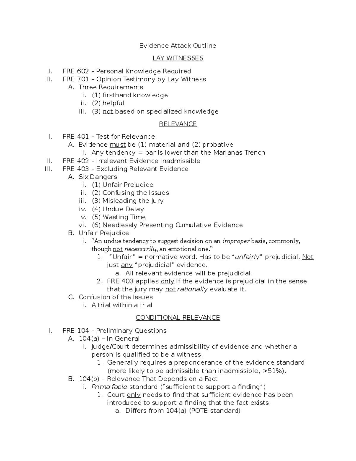 EVIDENCE LAW ATTACK OUTLINE: KEY FRE RULES AND APPLICATIONS - Studocu