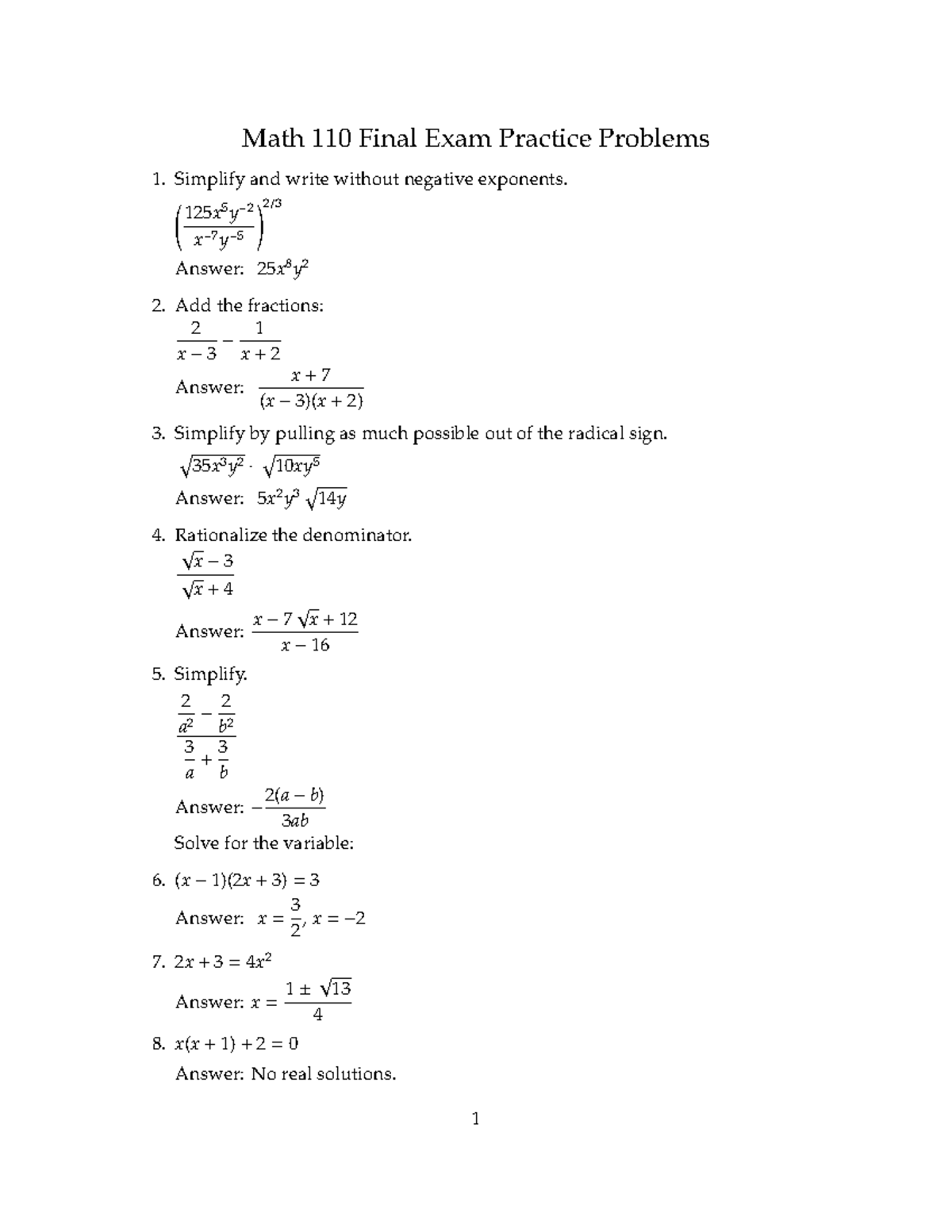 MATH 110 Final Exam Review Key - Math 110 Final Exam Practice Problems ...