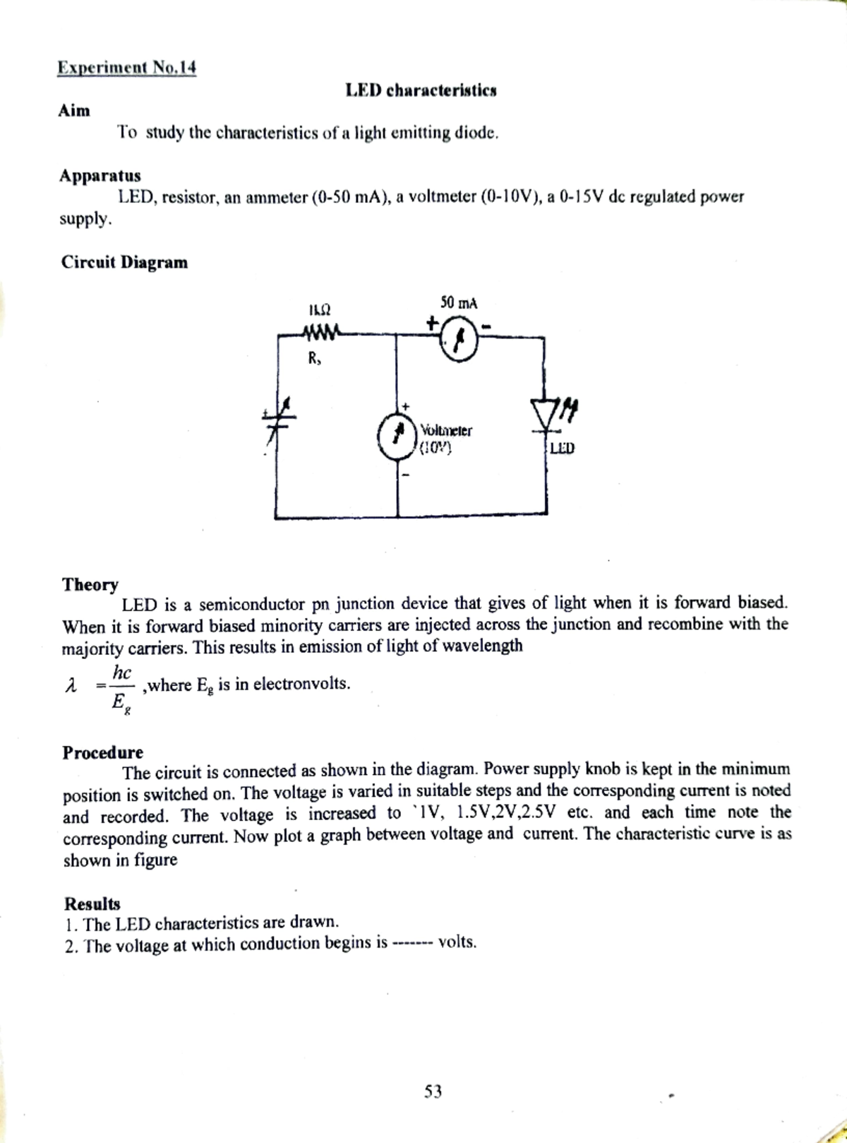 LED Characteristics Study - Experiment No. 1 - Studocu