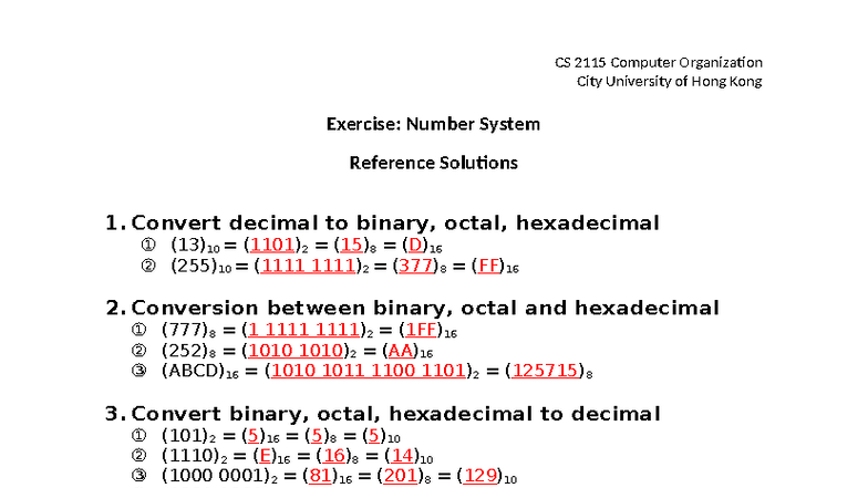 CS 2115 Computer Organization: Number System Exercise Solutions - Studocu