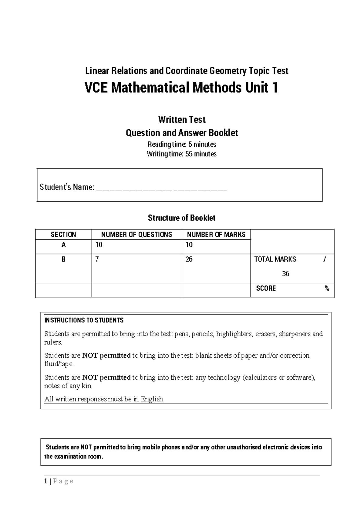 VCE Math Methods Unit 1 Linear Relations Topic Test 2023 - Studocu