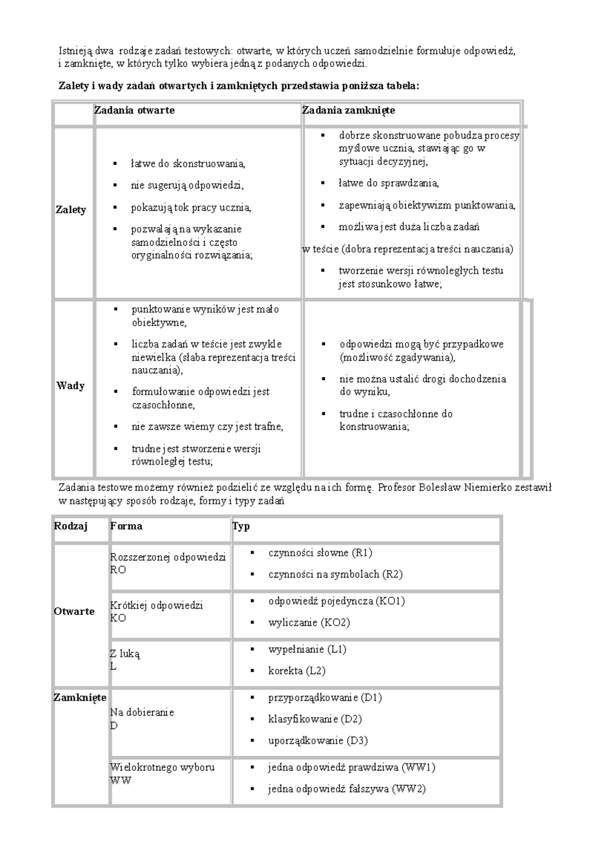 Typologia zadań testowych - otwarte i zamknięte analizy z wadami i ...