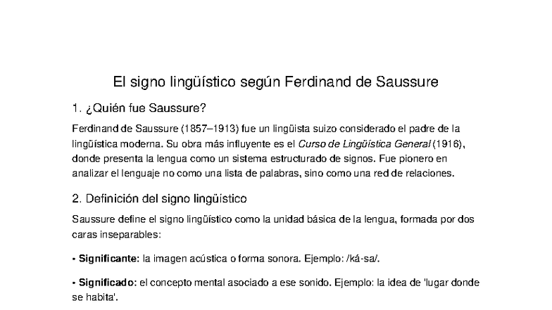 Signo Lingüístico según Saussure: Análisis y Características - Studocu