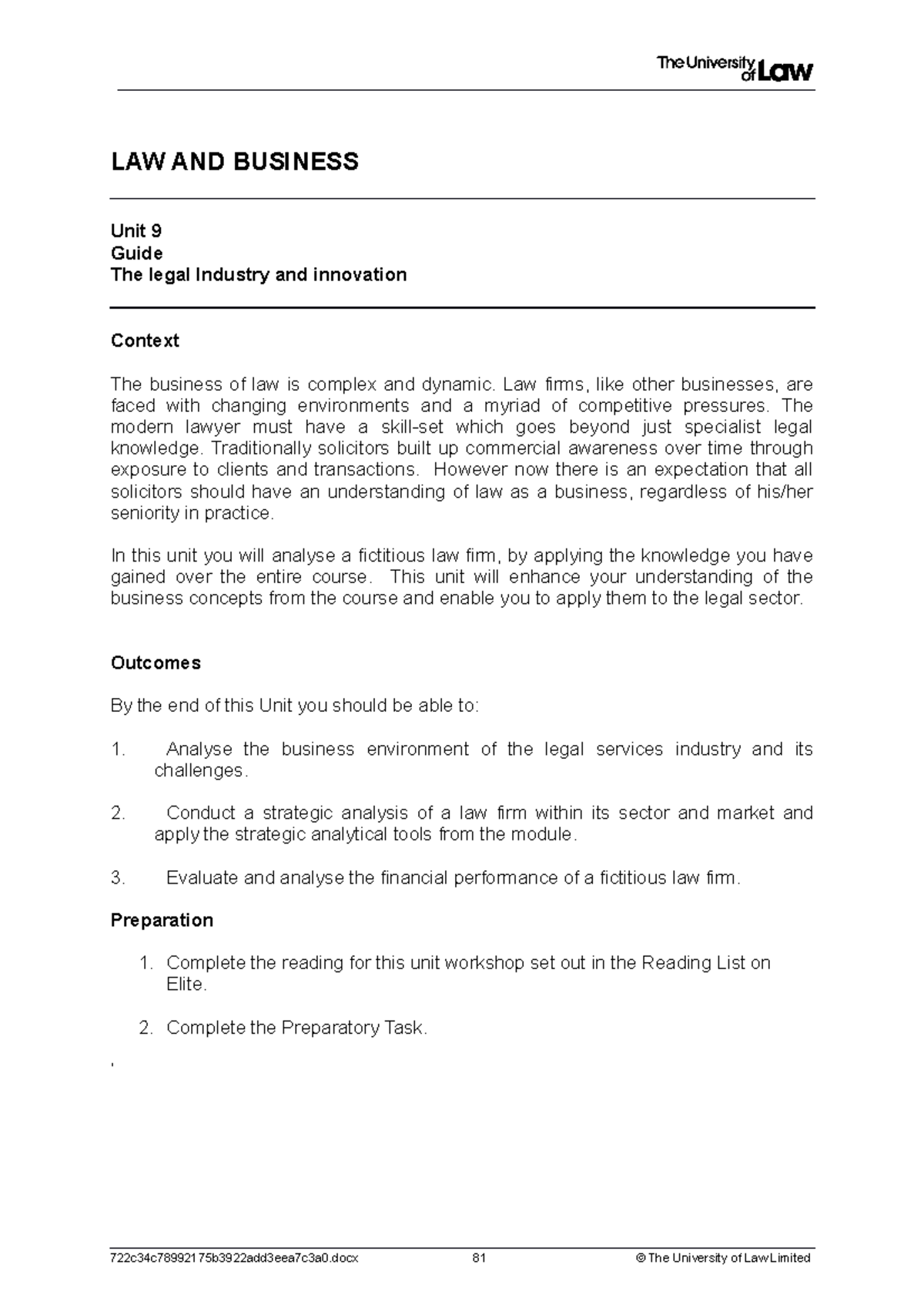 Workshop 9 Guide - LAW AND BUSINESS Unit 9 Guide The legal Industry and ...