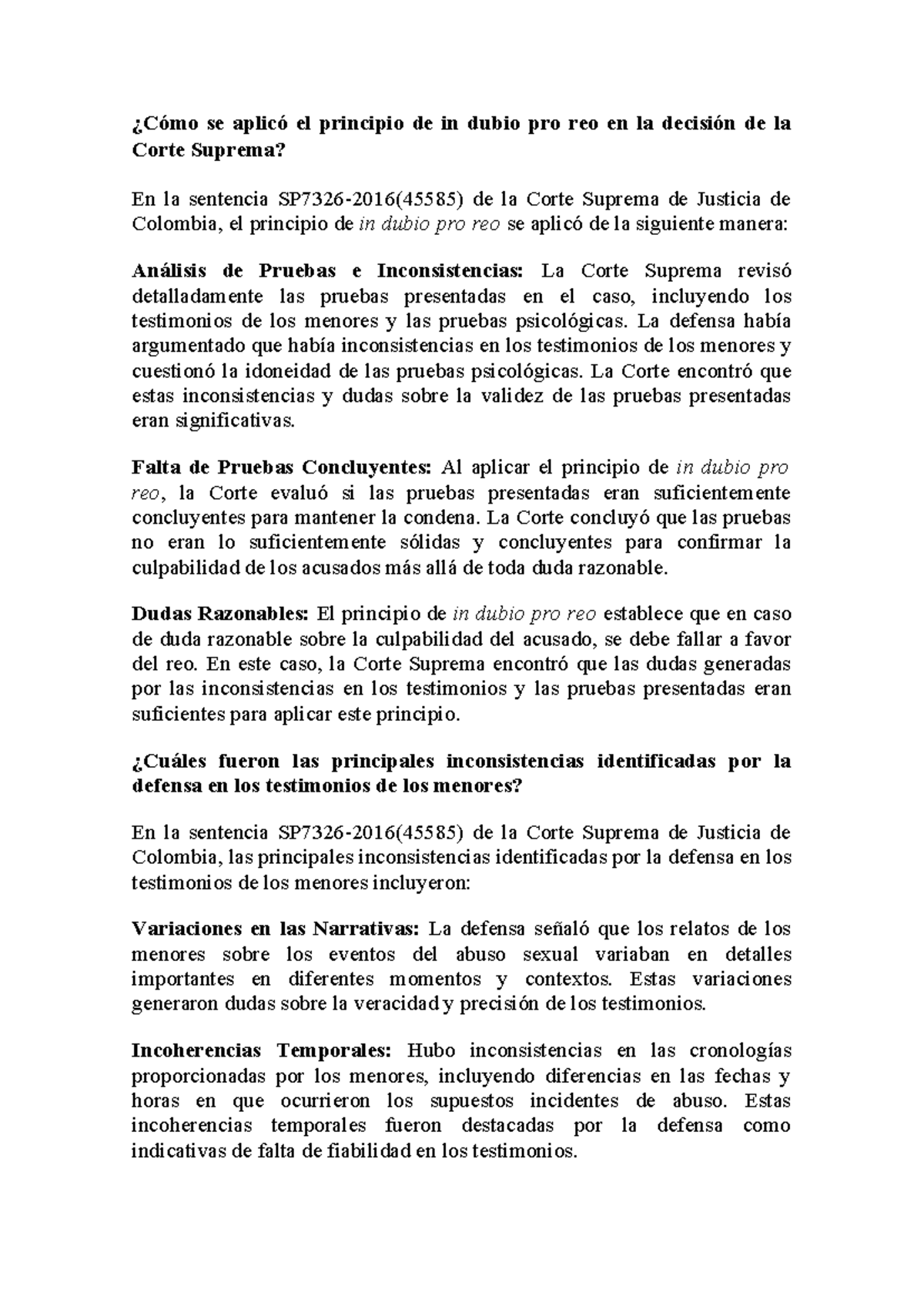 Análisis del Principio de In Dubio Pro Reo en la Corte Suprema - Studocu