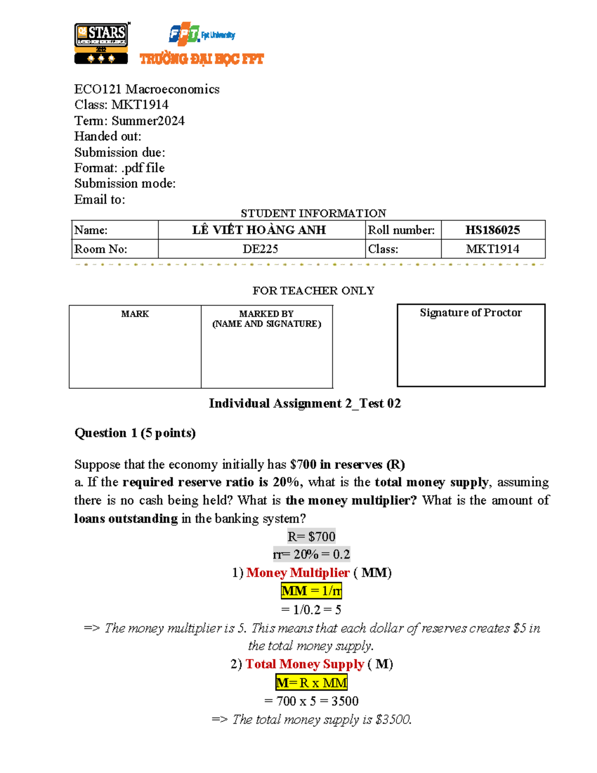 ECO121 Individual Assignment 02 Test 02 Macroeconomics Summer 2024 ...