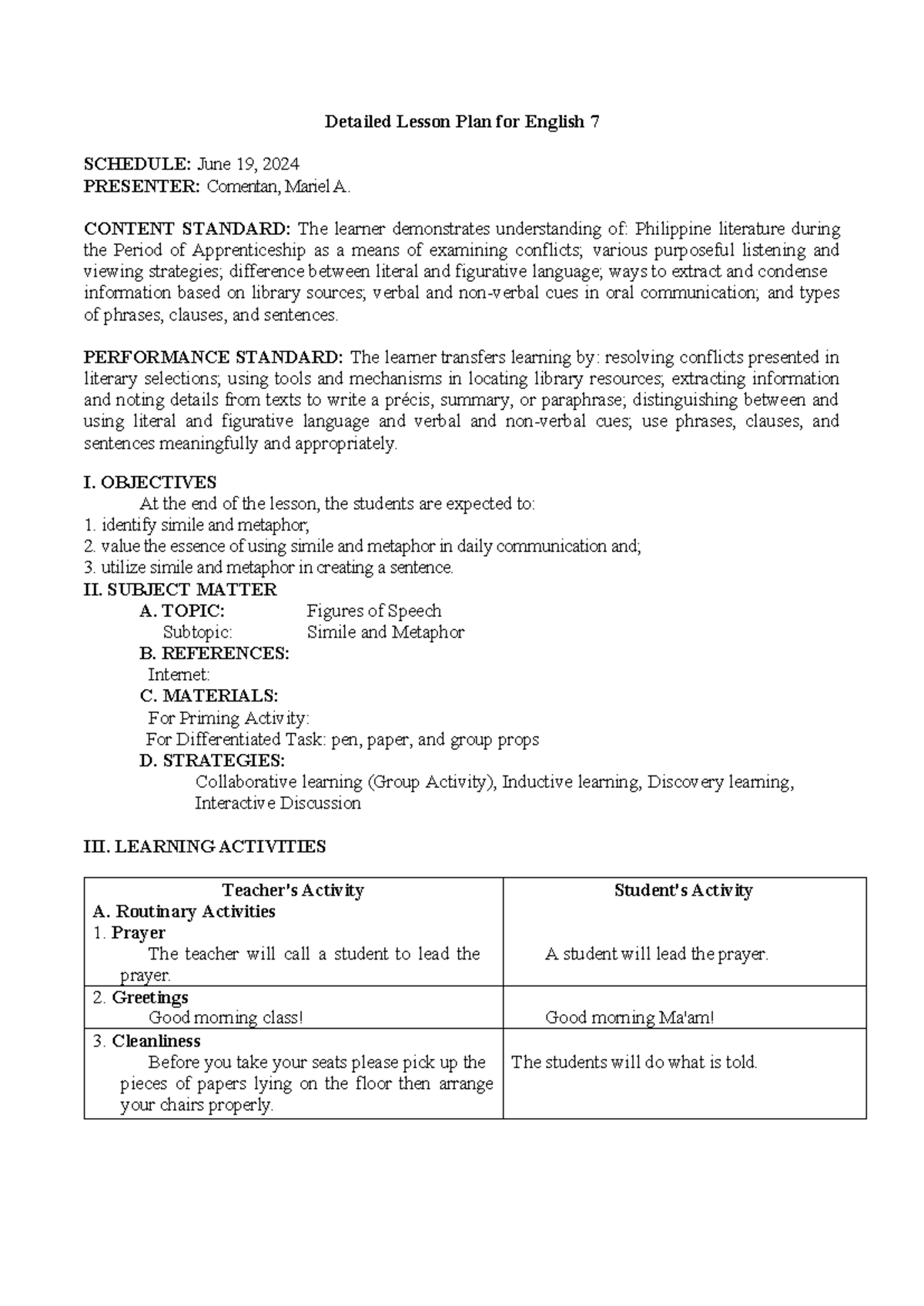 Simile and Metaphor - English 7 Lesson Plan (June 2024) - Studocu