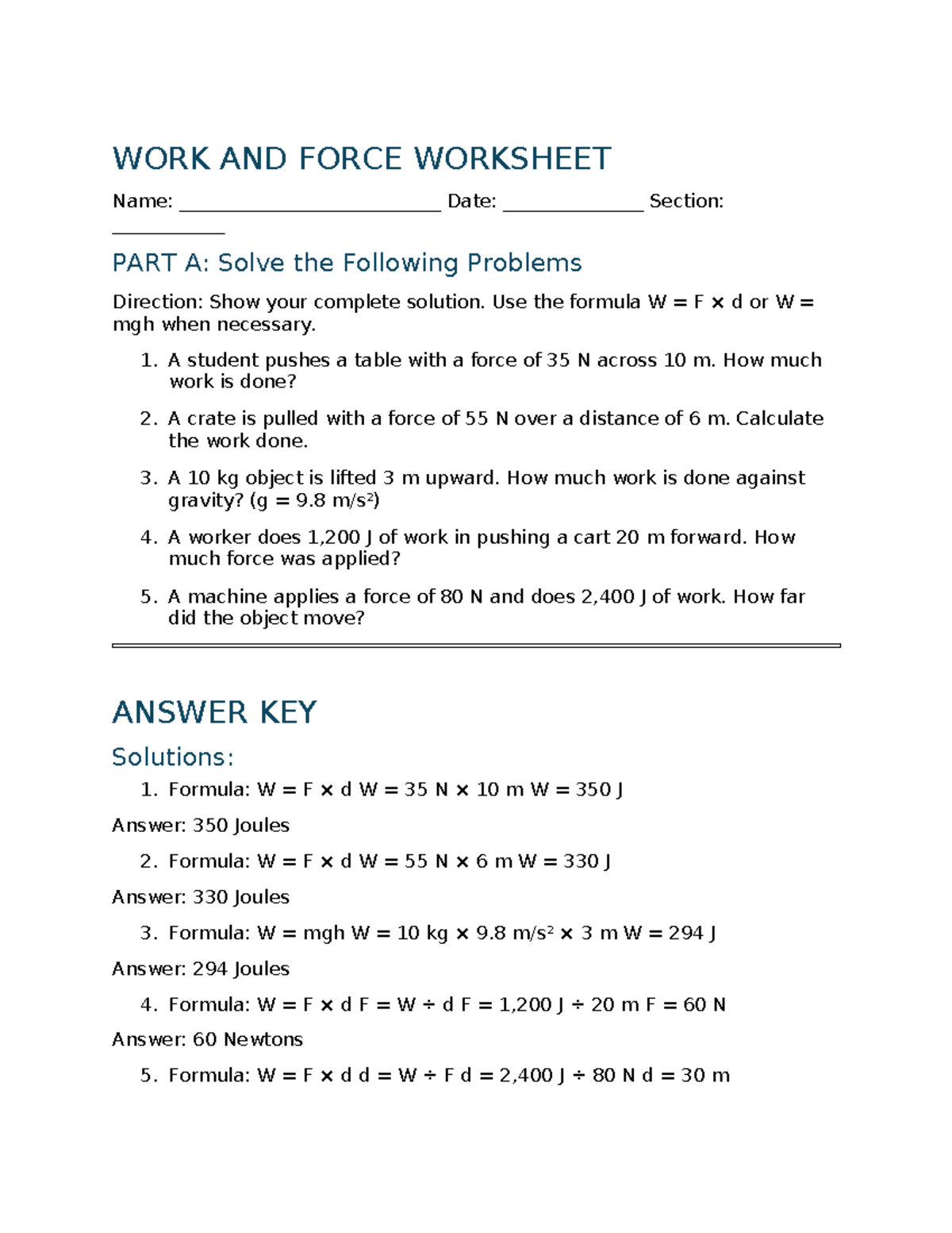 Grade 9 Work and Force Worksheet Solutions - Studocu