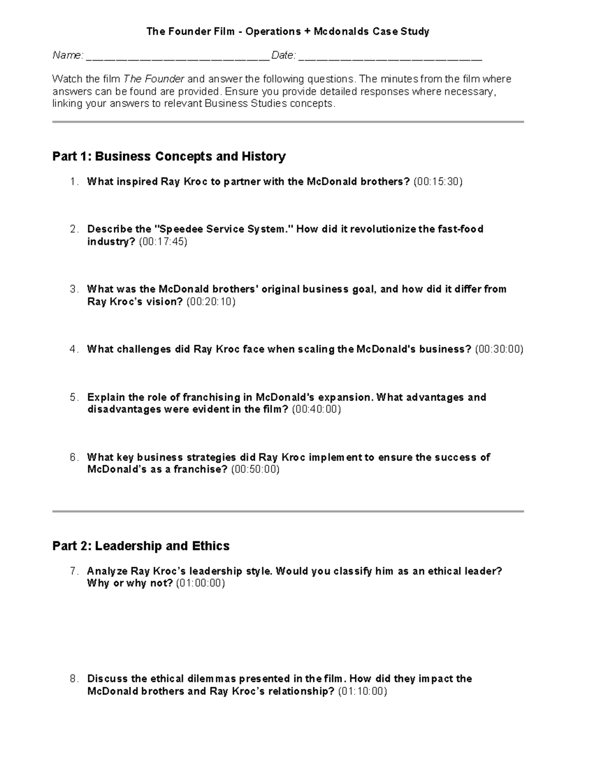 The Founder Film Worksheet: McDonald's Case Study on Business ...