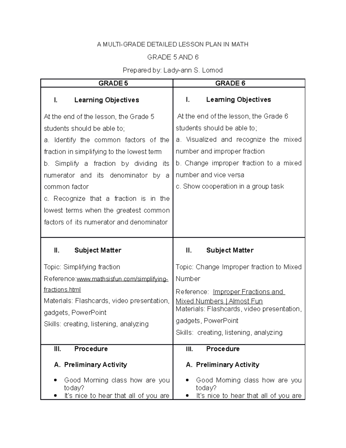 Multi Grade Detailed Lesson PLAN IN MATH Lomod LADY ANN S - A MULTI ...